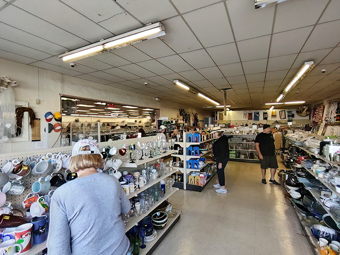 Teacups, bowls, and platters line the shelves like a ceramic timeline of American dining history, each with stories to tell.