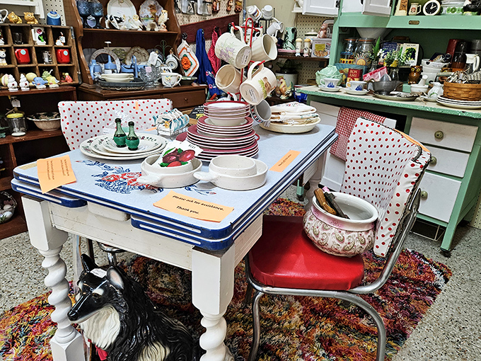 Mid-century kitchen dreams come alive. That blue-trimmed dinnerware set is exactly what your grandmother served her famous pot roast on.