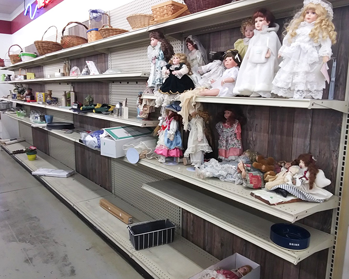 The doll section: simultaneously charming and slightly eerie. These porcelain faces have seen things, but for five bucks, they'll keep your secrets.