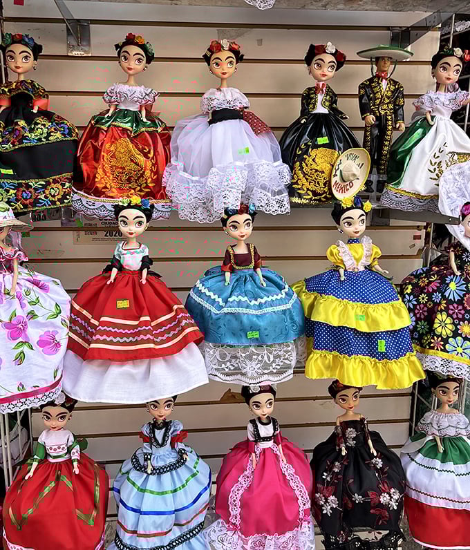 Frida-inspired dolls dressed in traditional Mexican attire stand at attention, ready to bring artistic flair to any shelf lucky enough to host them.