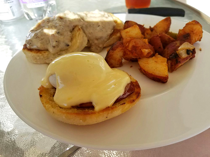 Benedict done right is breakfast royalty. This split English muffin crowned with hollandaise is the morning equivalent of winning the lottery.