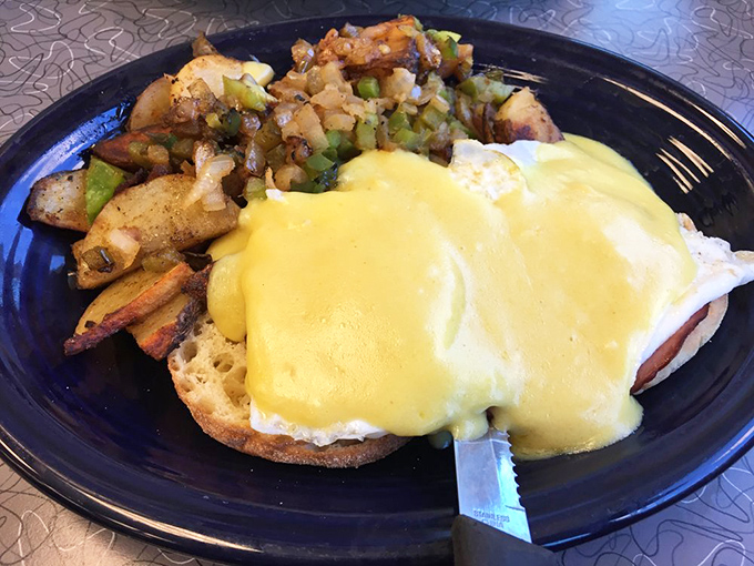 Eggs Benedict done right—a golden waterfall of hollandaise cascading over poached eggs. Architectural perfection that would make Frank Lloyd Wright weep with joy.