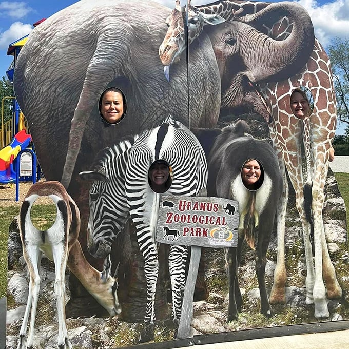 The Uranus Zoological Park face-in-hole board transforms ordinary tourists into exotic animals, creating the perfect souvenir photo for those who don't take themselves too seriously.