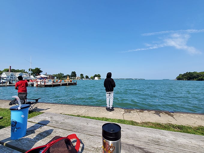 Fishing at the park's edge &ndash; where patience isn't just a virtue, it's the price of admission to the most peaceful waiting game in Ohio.