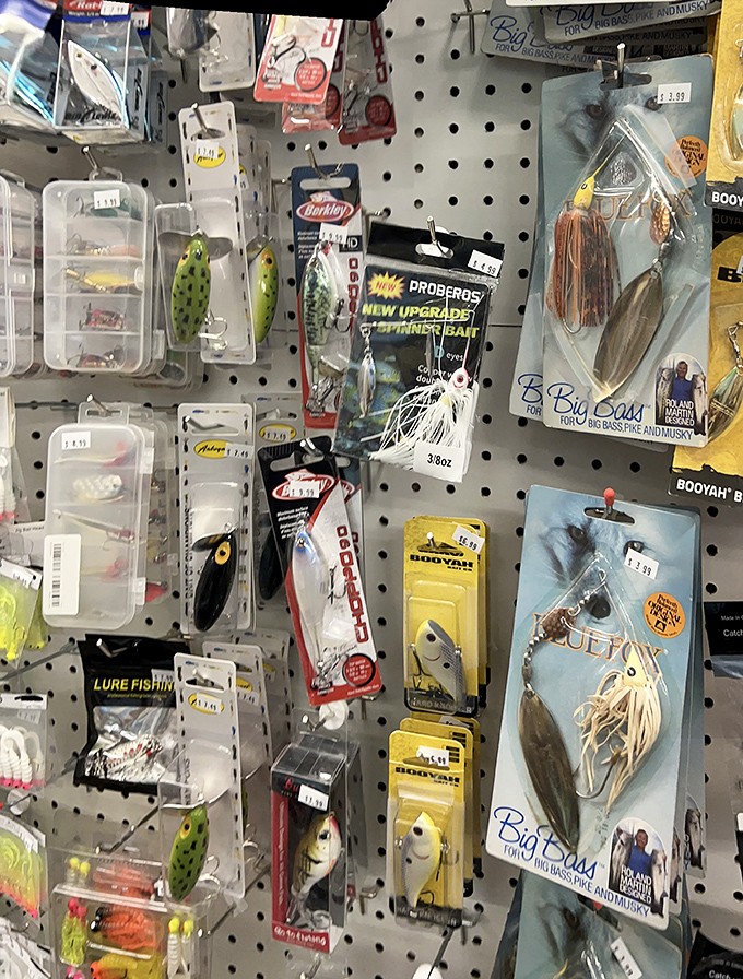 A fisherman's dream wall where every lure promises the big catch&mdash;and at these prices, you can afford to lose a few.