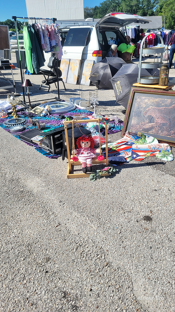 Treasure hunting by day, movie watching by night. The flea market transforms the drive-in grounds into a bargain hunter's paradise.