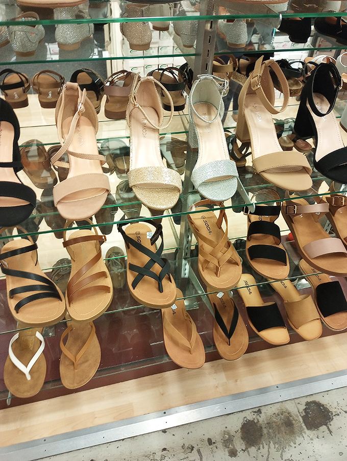 Footwear fantasies come true on these glass shelves. From practical sandals to date-night heels, these shoes promise to carry you through life's many adventures.