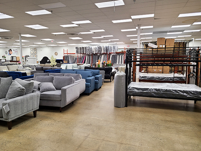Sofas and beds arranged like an HGTV set, but with prices that won't trigger a fainting spell.