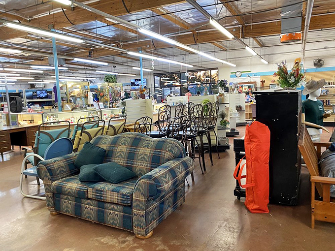Mid-century modern meets affordable in the furniture section. That blue plaid sofa is begging to star in someone's living room makeover story.