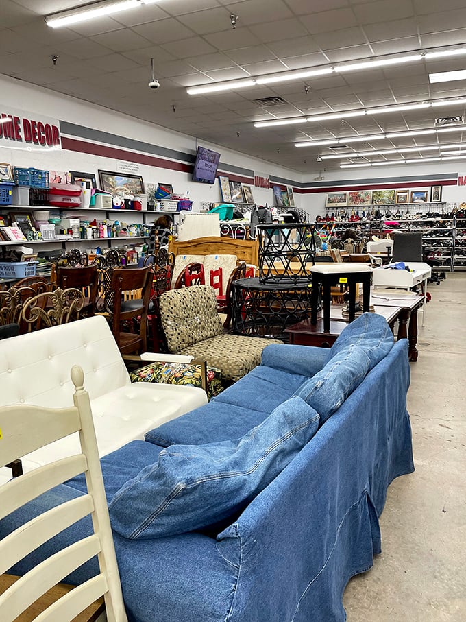 The furniture section – where that perfect blue denim sofa waits for someone brave enough to make the "Canadian tuxedo" of living room statements.