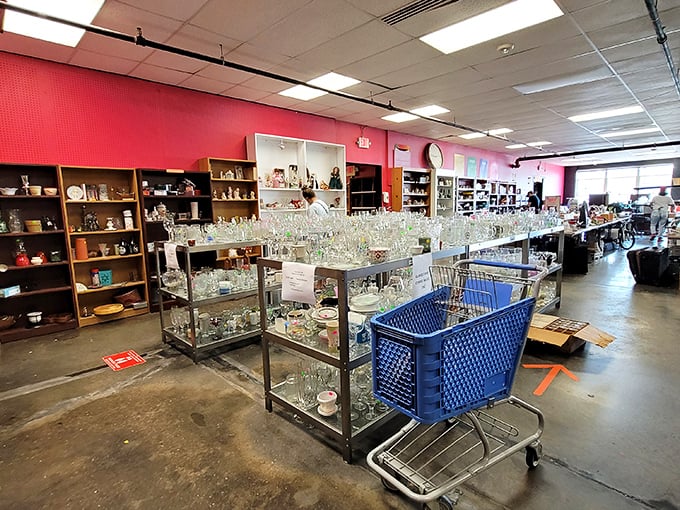 Crystal and glassware gleam under fluorescent lights, waiting to elevate your next dinner party. Champagne taste on a root beer budget.