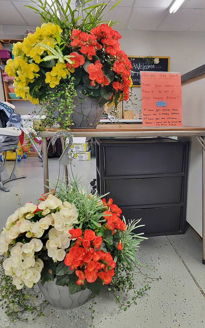 Even the checkout area blooms with possibility! These vibrant floral arrangements welcome shoppers while a chalkboard announces specials that'll make your bargain-hunting heart flutter.