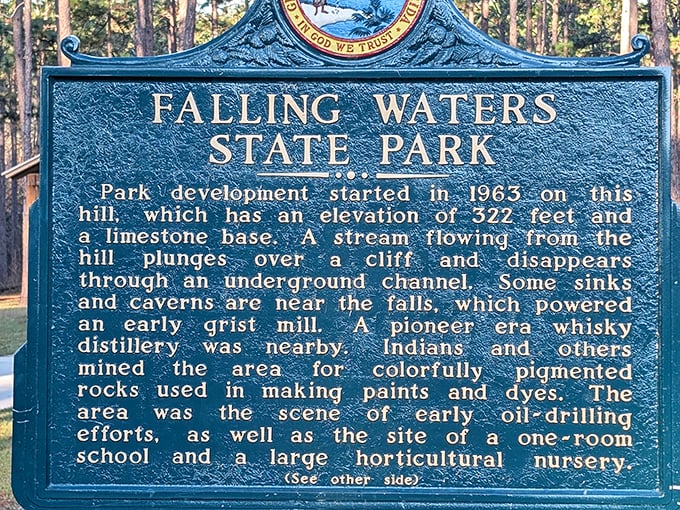 History carved in blue &ndash; this marker tells the fascinating backstory of Falling Waters, where pioneers once harnessed the power of this natural phenomenon.