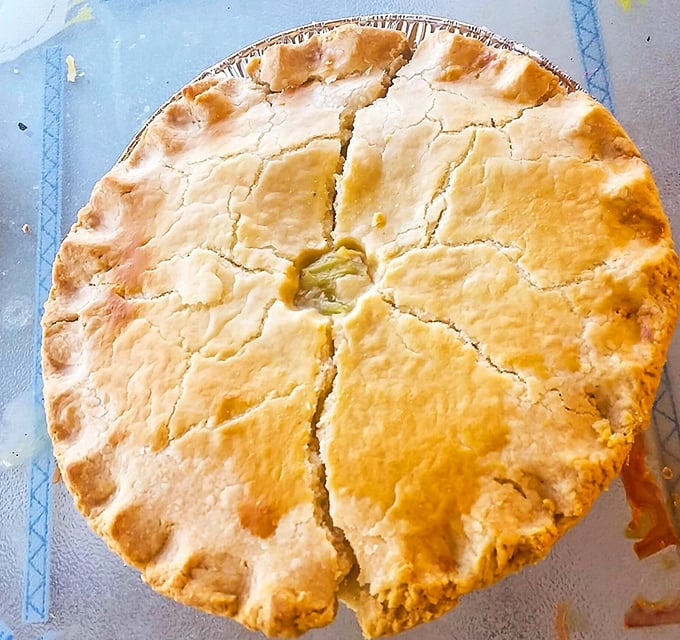 A golden-crusted pie that's seen more daydreams than a middle school classroom window. The perfect circle exists, and it's made of pastry.