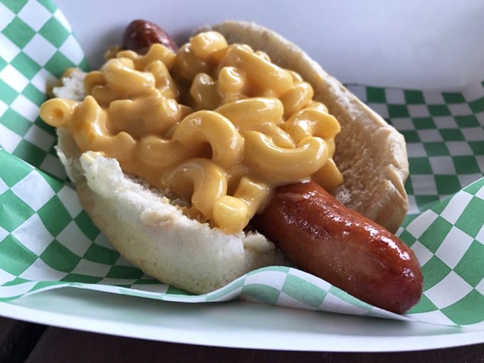 Mac and cheese on a hot dog? Whoever thought of this comfort food mashup deserves a Nobel Prize in deliciousness.