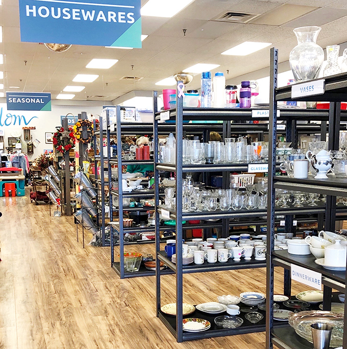 Housewares heaven! Each shelf holds potential family heirlooms or that perfect missing piece to complete your kitchen collection. Treasure hunting at its finest.