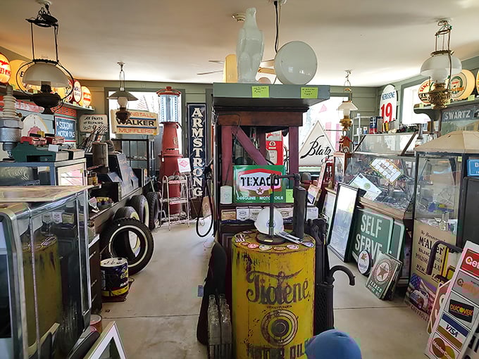 Petroliana paradise! From Texaco to Mobilgas, this room is the ultimate man-cave inspiration for anyone who remembers full-service gas stations.