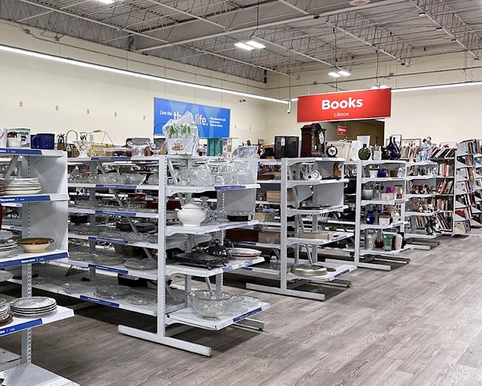 Treasure hunting central, where the "Books" sign beckons bibliophiles while glassware gleams under fluorescent lights &ndash; retail archaeology at its finest.