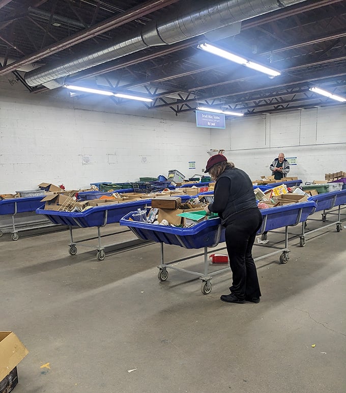 Massive bins create a textile landscape waiting to be explored. The colorful chaos promises hidden gems for those willing to embrace the dig.