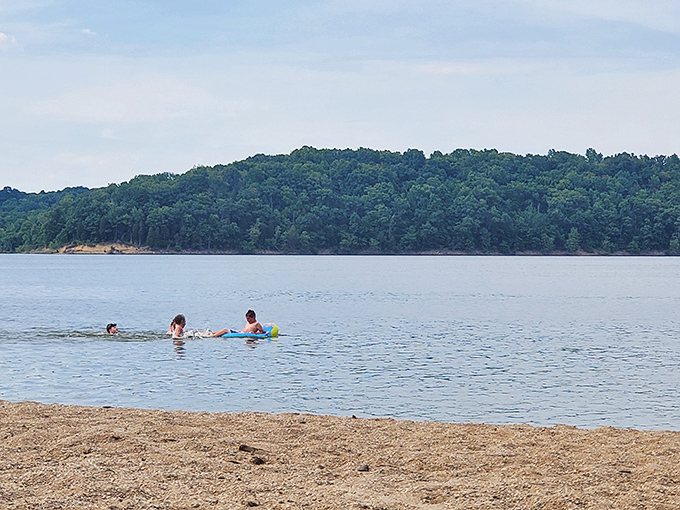 Childhood summers distilled to their essence&mdash;kids splashing in refreshing lake waters while forested hills create a natural amphitheater.