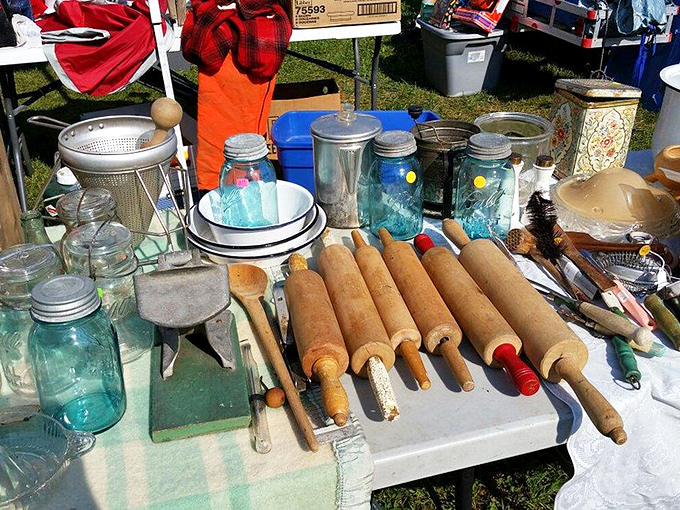 Wooden rolling pins and blue Ball jars that have witnessed decades of family recipes. Each utensil carries stories of Sunday dinners and holiday feasts.