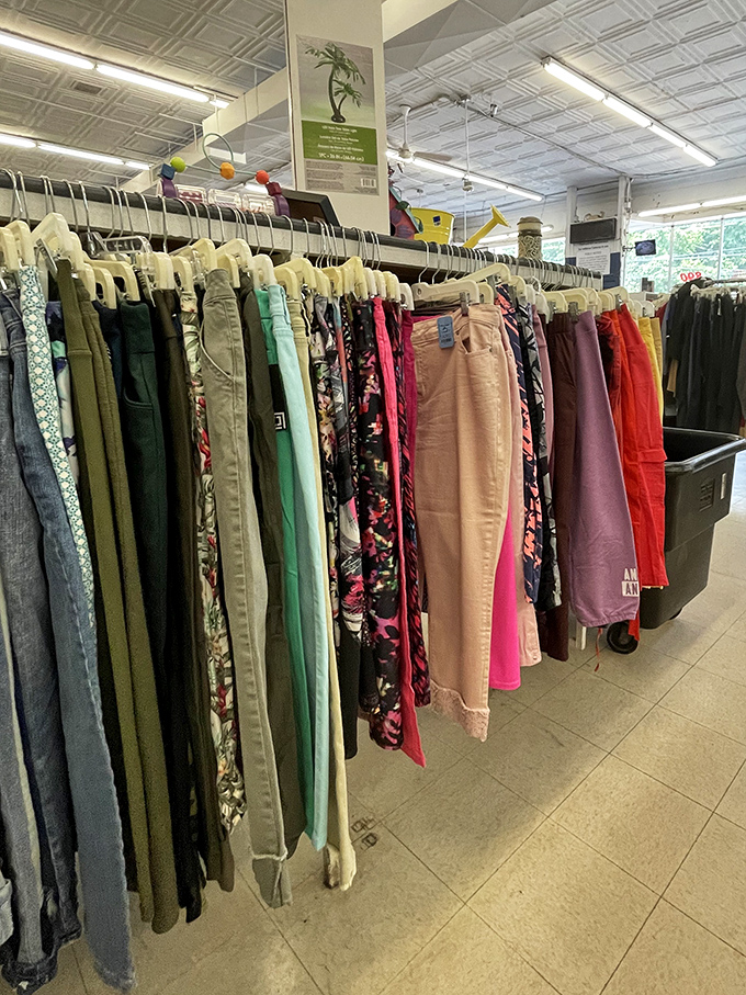 A rainbow of possibilities hangs in perfect formation&mdash;each pair of pants with its own history and a future just waiting for the right new owner.