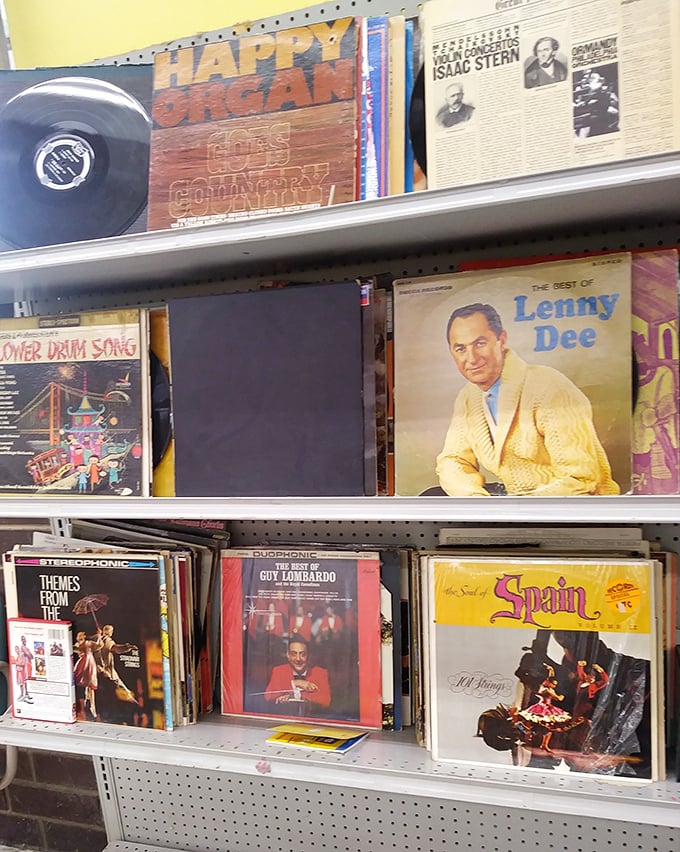 Vinyl records and vintage magazines—a time machine disguised as a shelf where Lenny Dee and LIFE magazine are forever young.