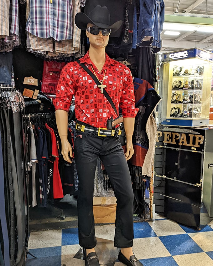 This mannequin isn't just selling clothes&mdash;he's selling an entire lifestyle. That red shirt has "weekend in Tijuana" written all over it.