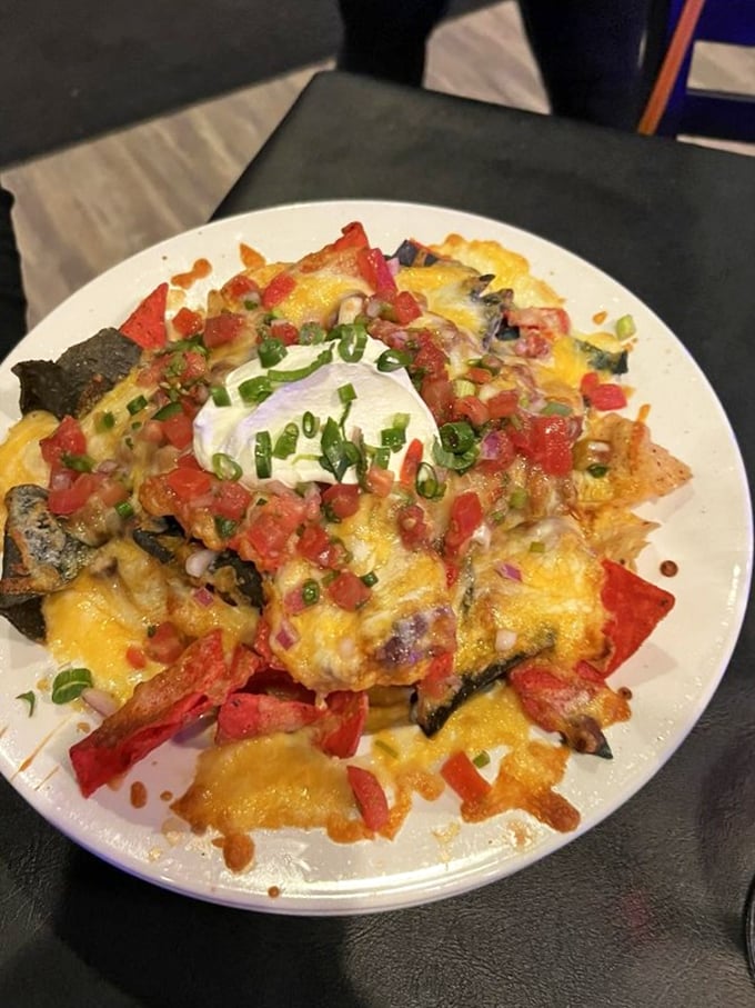 Nachos that defy gravity and good sense. The structural engineering alone deserves an award.