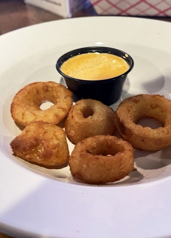 These golden rings of joy come with cheese sauce that's practically begging you to abandon any pretense of restraint.