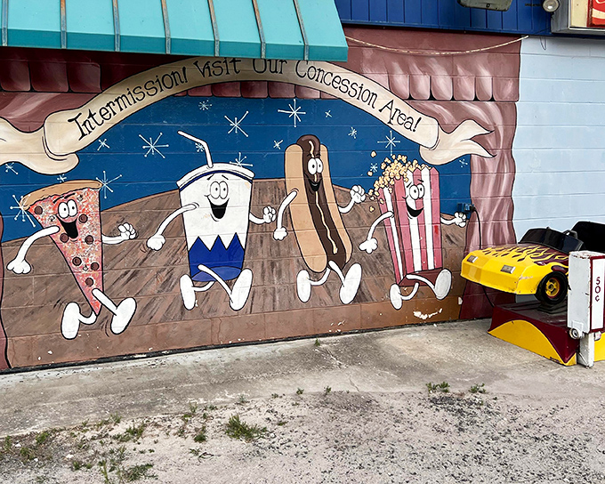 This whimsical mural of dancing concession treats might be the only place where hot dogs and sodas have better choreography than most Broadway shows.