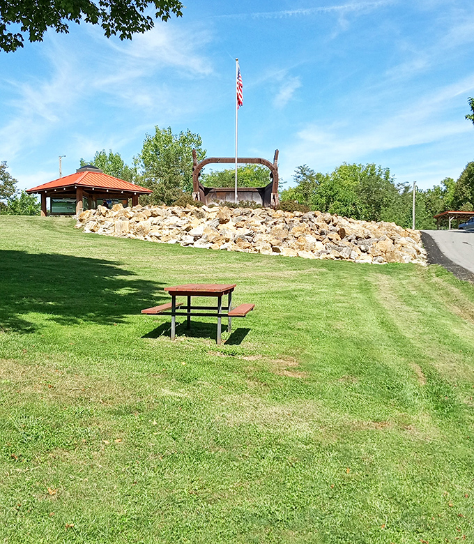 Pack a picnic and enjoy lunch in the shadow of industrial greatness. The American flag stands proudly beside this monument to engineering.
