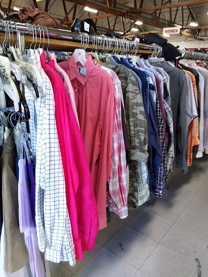 The men's shirt section offers more color variety than my entire wardrobe history. That pink button-down is calling my name.