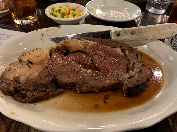 Prime rib that doesn't need fancy plating to impress. This is meat that speaks for itself, in a language of perfectly seasoned juiciness.