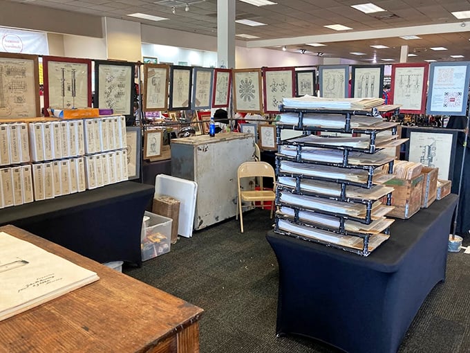 Blueprint art and technical drawings line this booth, where yesterday's innovations become today's conversation pieces for your wall.