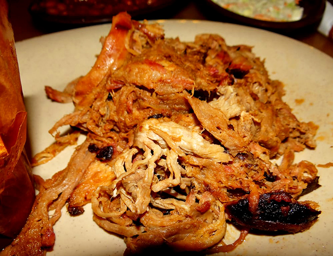 Pulled pork in its natural habitat&mdash;a beautiful tangle of bark-flecked strands that have clearly been introduced to smoke and time in equal measure.