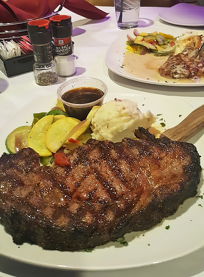 A steak that means business. This beautifully charred ribeye comes with a side of vegetables that actually deserve plate space.