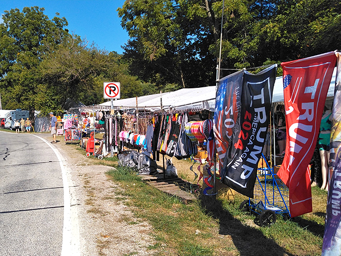 The roadside flag display serves as both navigation aid and impromptu fashion show. "Turn left at the explosion of colorful merchandise" is perfectly valid directions here.