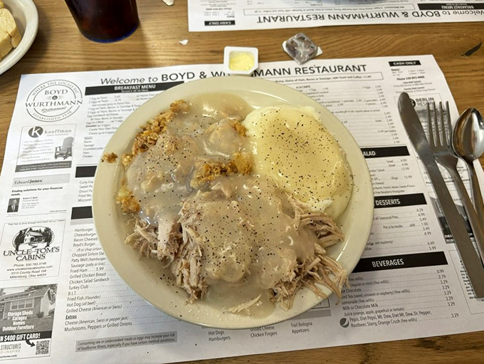 Turkey dinner that tastes like Thanksgiving without the family drama. The mashed potatoes aren't just a side&mdash;they're the supporting actor who steals the show.