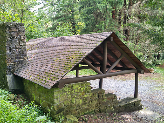This moss-covered stone shelter has weathered decades of Pennsylvania seasons. Part functional picnic spot, part time machine to a simpler era.