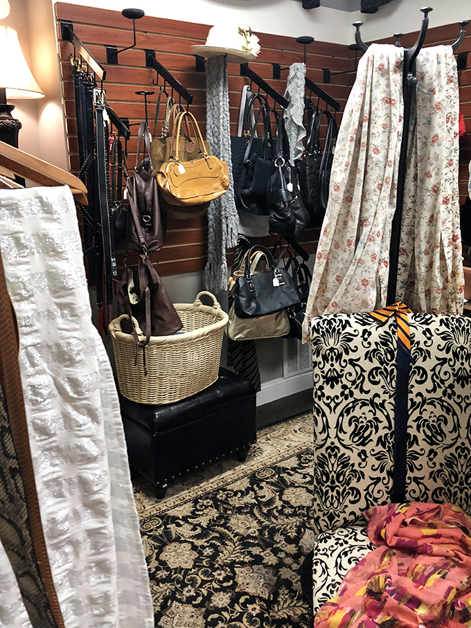 Handbag hunters, rejoice! Designer purses and stylish scarves hang waiting for their second chance at fashion fame.