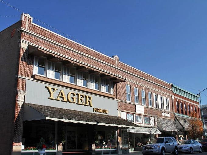 Yager Furniture anchors Berne's historic business district with old-school charm. Brick buildings like these have witnessed generations of commerce and community connections.