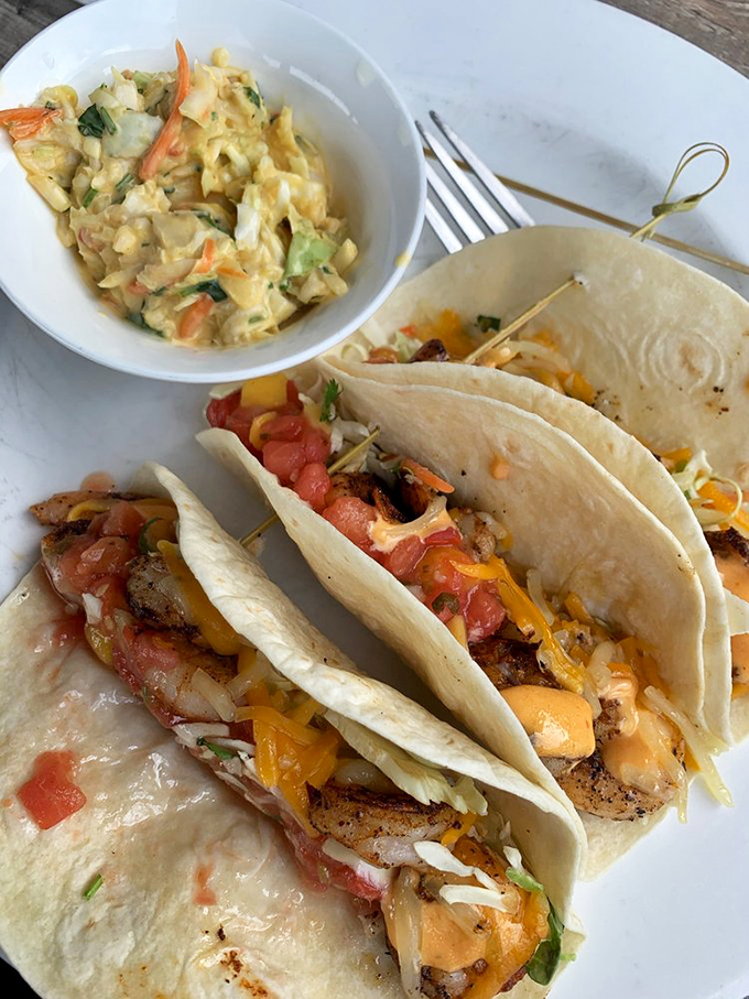 Shrimp tacos dressed to impress, proving that casual dining can still be an art form worth celebrating.
