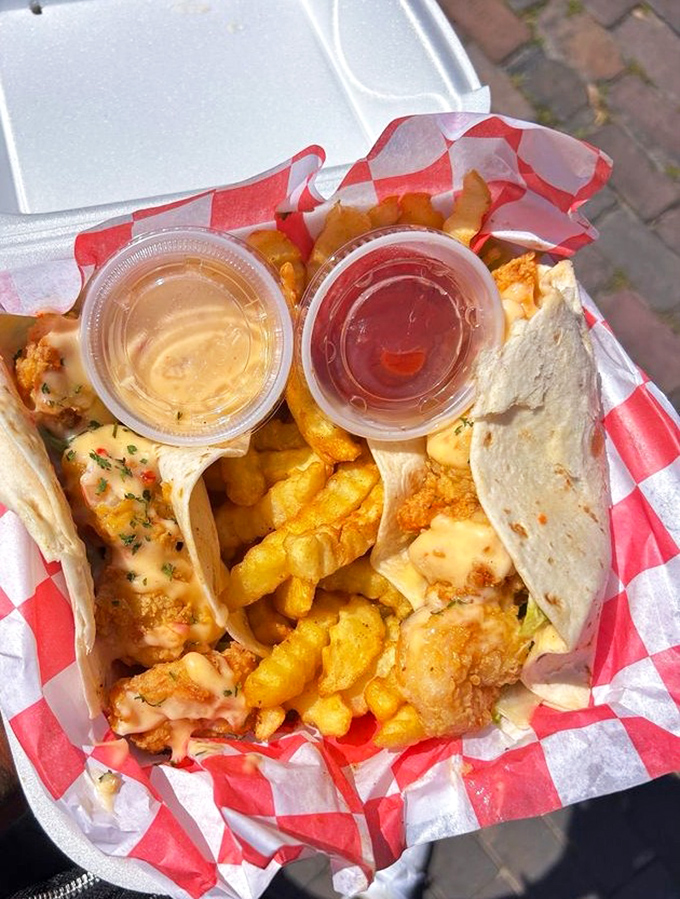 When tacos meet seafood, magic happens. These handheld treasures with accompanying dipping sauces make eating in your car completely justifiable.