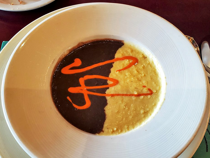 The signature soup duo&mdash;like the Southwest's answer to yin and yang. That red pepper sauce swirl isn't just garnish, it's culinary calligraphy.