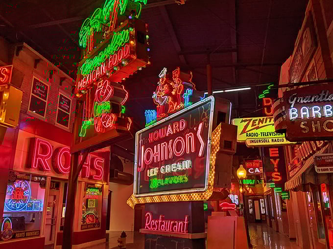 A neon jungle where Howard Johnson's ice cream and Mexican food compete for your attention. These restored signs shine as brightly as they did decades ago.