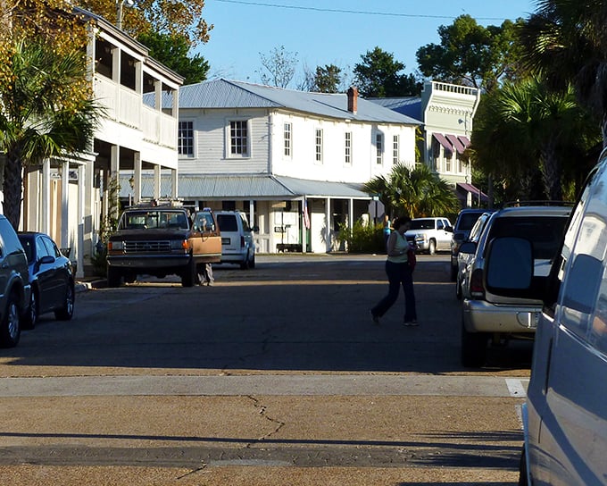 White clapboard buildings line narrow streets where pickup trucks park and pedestrians stroll, embodying the unhurried rhythm that defines Apalachicola living.