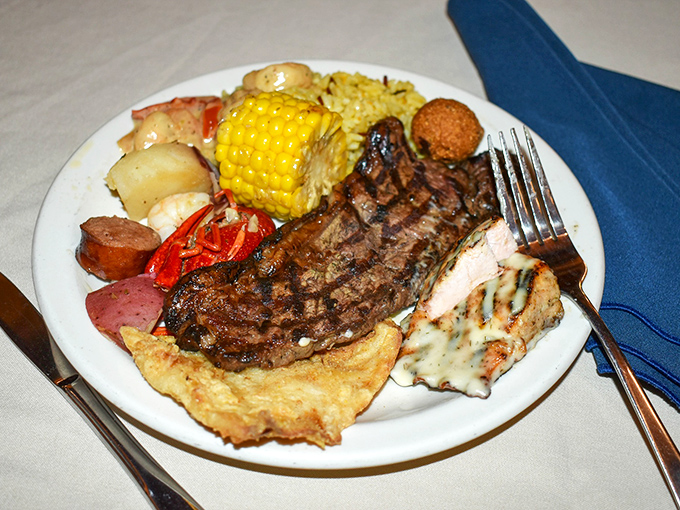 This isn't just a plate—it's a Midwestern vision board. The steak commands attention like Marlon Brando in a crowded room.