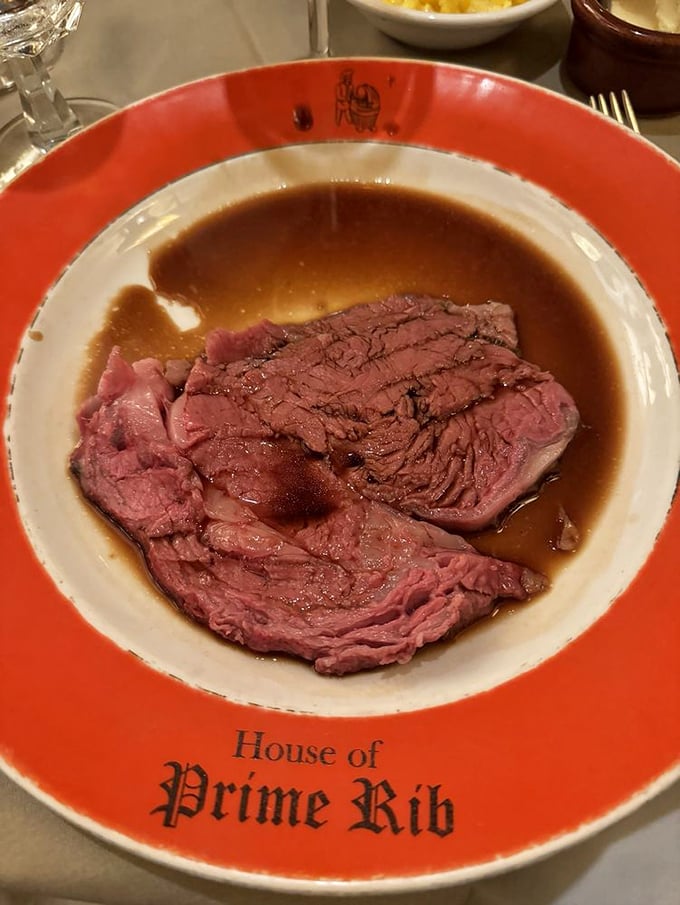 The English Cut arrives like a carnivore's dream&mdash;thin slices of prime rib lounging in a pool of savory jus, begging for your undivided attention.