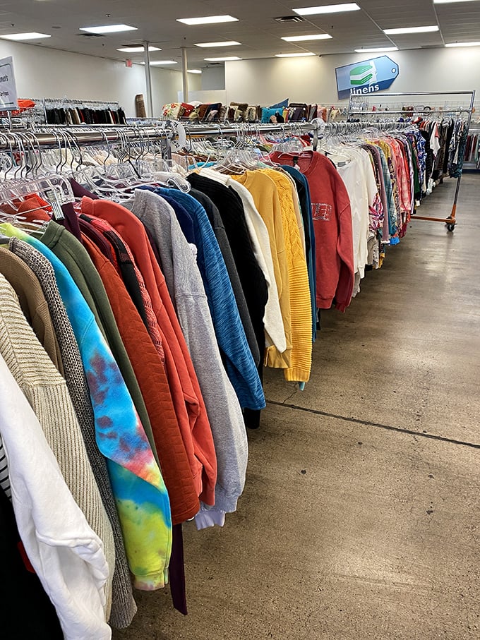 A rainbow of sweaters and shirts awaits, each with its own story and ready to write a new chapter in your wardrobe.